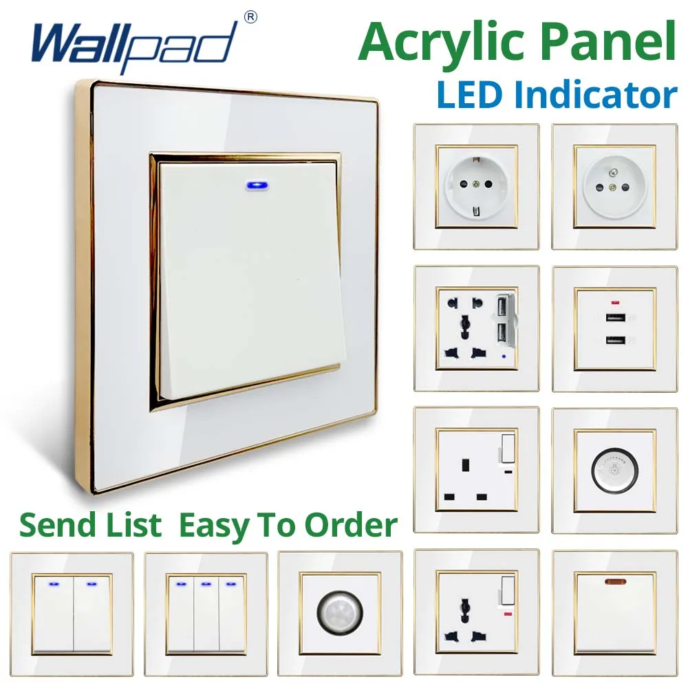 White Acrylic 2-Way Wall Light Switch Panel with Gold Border, LED & USB ...